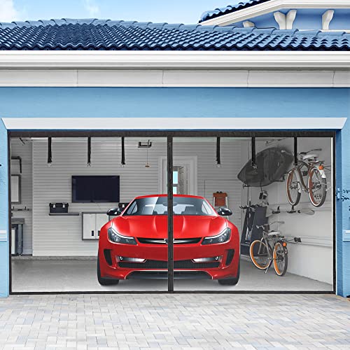 Golkcurx Garage Door Screen for 2 Car 16x7FT Garage Doors, Heavy Duty Weighted Bottom, Self-Sealing Fiberglass Mesh, Easy Assembly & Pass,Hands Free Magnetic Garage Door Screen,Black