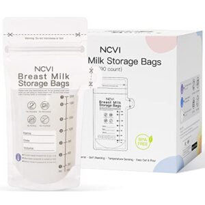 ncvi breastmilk storage bags, 90 count milk storage bags for breastfeeding, 7oz breast milk storage bags with temp-sensing, doubled-sealed, hygienically, self standing, easy pour spout, bpa free