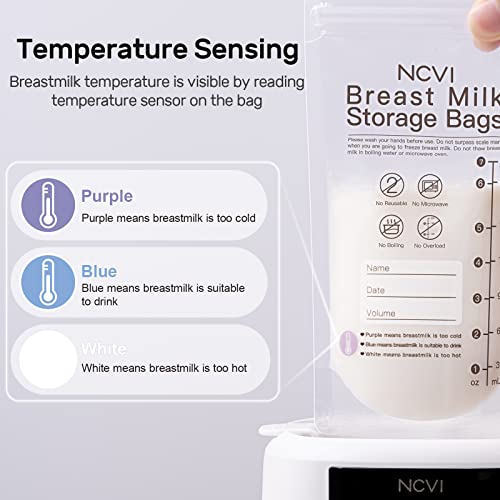 NCVI Breastmilk Storage Bags, 90 Count Milk Storage Bags for Breastfeeding, 7oz Breast Milk Storage Bags with Temp-Sensing, Doubled-Sealed, Hygienically, Self Standing, Easy Pour Spout, BPA Free