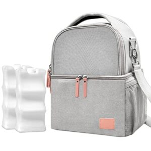 qiuxqiu breastmilk cooler bag with ice pack insulated lunch bag for women and men baby bottle bag fits 6 bottles for nursing mom daycare double deck cooling bag work travel picnic (gray)