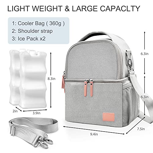 QIUXQIU Breastmilk Cooler Bag with Ice Pack Insulated Lunch Bag for Women and Men Baby Bottle Bag Fits 6 Bottles for Nursing Mom Daycare Double Deck Cooling Bag Work Travel Picnic (Gray)