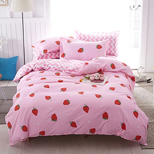 HALOZI Duvet Cover Set Full Size Strawberry Pink Stripes Reversible Luxury Soft Bedding Set Comforter Cover with Zipper Closure and Corner Ties (1 Duvet Cover+2 Pillowcases)(Full（80X90） inch)