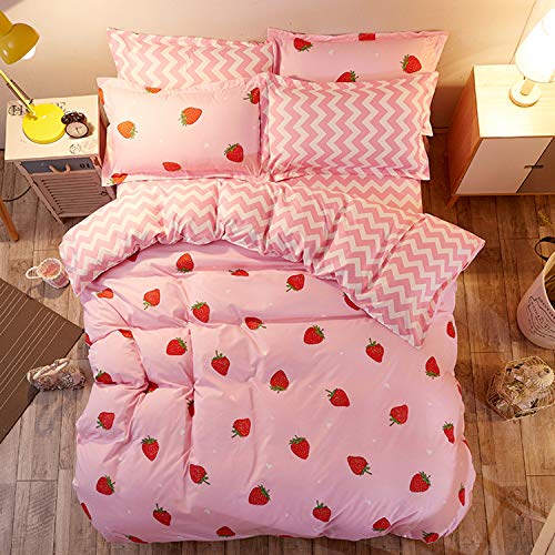 HALOZI Duvet Cover Set Full Size Strawberry Pink Stripes Reversible Luxury Soft Bedding Set Comforter Cover with Zipper Closure and Corner Ties (1 Duvet Cover+2 Pillowcases)(Full（80X90） inch)