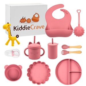 kiddie crave baby feeding supplies set of 11 – ultra soft silicone baby utensils – colorful baby led weaning supplies with spoons, bibs, bowls – comfortable and safe baby plates (pink)