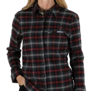 Caterpillar Stretch Flannel Shirts for Women with CAT Logo on Chest Pocket and Double Needle Stitching, Red Charcoal - Small