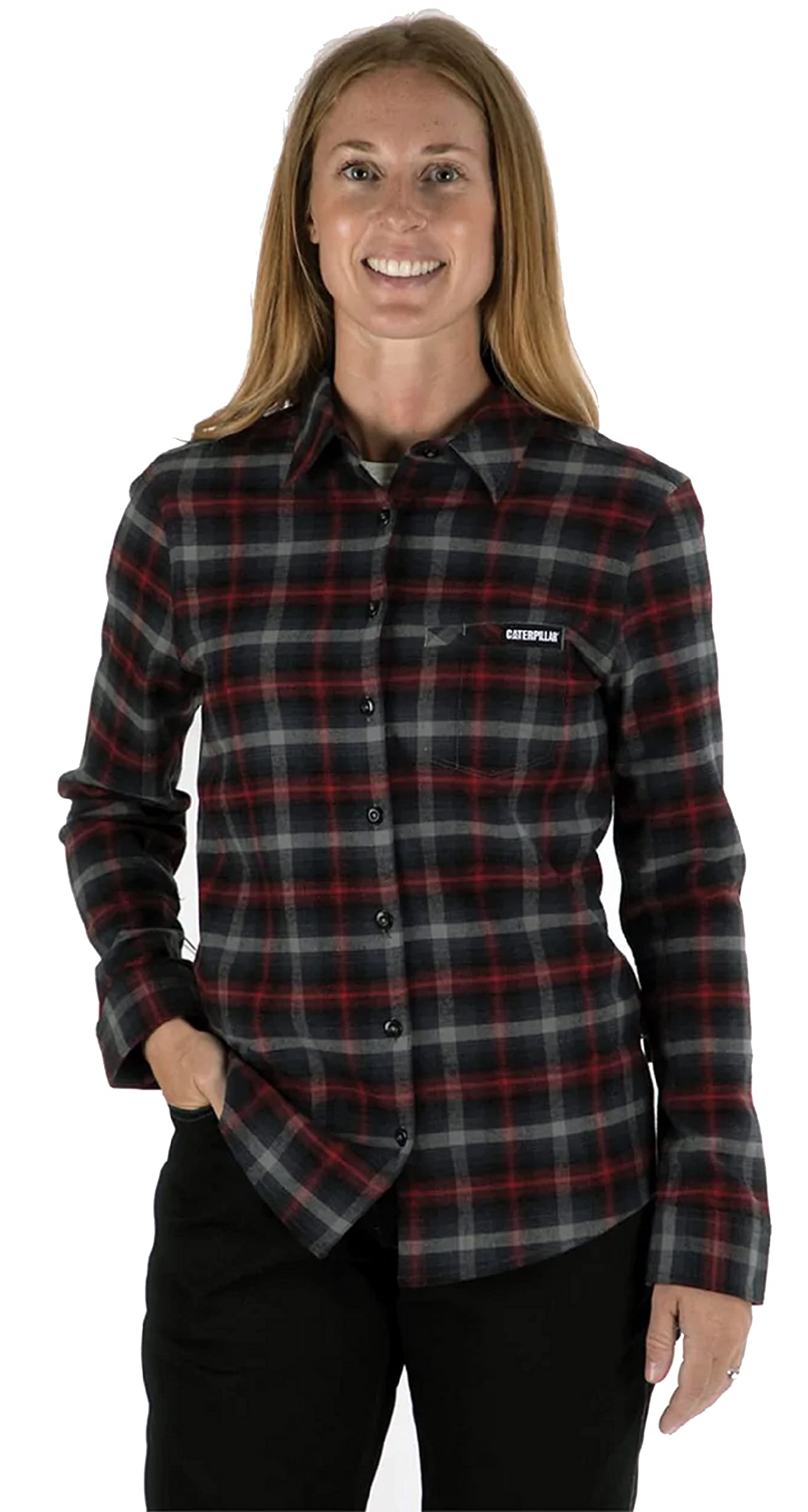 Caterpillar Stretch Flannel Shirts for Women with CAT Logo on Chest Pocket and Double Needle Stitching, Red Charcoal - Small