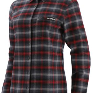 Caterpillar Stretch Flannel Shirts for Women with CAT Logo on Chest Pocket and Double Needle Stitching, Red Charcoal - Small