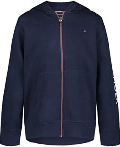 tommy hilfiger boys' long sleeve fleece full zip hoodie, navy blazer signature stripe, 6