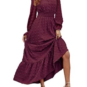 MASCOMODA Women Boho Maxi Dress 2023 Long Sleeve V Neck Swiss Dot Smocked High Waisted Button A-Line Ruffle Tiered Fall Long Dress(Medium, Wine Red)