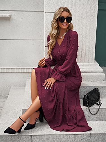 MASCOMODA Women Boho Maxi Dress 2023 Long Sleeve V Neck Swiss Dot Smocked High Waisted Button A-Line Ruffle Tiered Fall Long Dress(Medium, Wine Red)