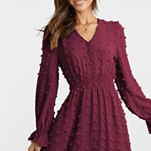 MASCOMODA Women Boho Maxi Dress 2023 Long Sleeve V Neck Swiss Dot Smocked High Waisted Button A-Line Ruffle Tiered Fall Long Dress(Medium, Wine Red)