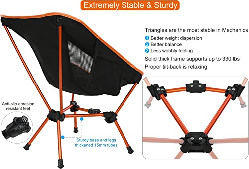 MARCHWAY Lightweight Folding Camping Chair, Stable Portable Compact for Outdoor Camp, Travel, Beach, Picnic, Festival, Hiking, Backpacking, Supports 330Lbs (Orange)