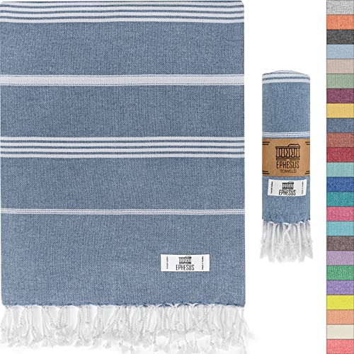 EPHESUS TOWELS Turkish Beach Towel - Turkish Cotton - 39x71 inch Oversized - Turkish Towel for Beach, Bath, Pool, Gym, Yoga - Prewashed, Lightweight, Quick Dry (Dark Blue, New Sultan Pack 1)