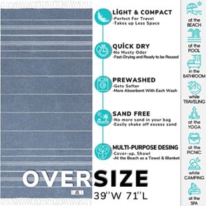 EPHESUS TOWELS Turkish Beach Towel - Turkish Cotton - 39x71 inch Oversized - Turkish Towel for Beach, Bath, Pool, Gym, Yoga - Prewashed, Lightweight, Quick Dry (Dark Blue, New Sultan Pack 1)