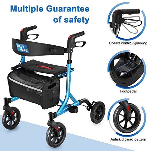 WALK MATE Rollator Walker for Seniors with Cup Holder, Upgraded Thumb Press Button for Height Adjustment, 4 x 8" Wheels Walker with Seat Padded Backrest Folding Lightweight Walking Aid, Blue