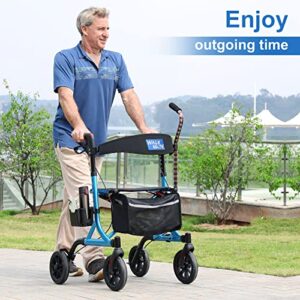 WALK MATE Rollator Walker for Seniors with Cup Holder, Upgraded Thumb Press Button for Height Adjustment, 4 x 8" Wheels Walker with Seat Padded Backrest Folding Lightweight Walking Aid, Blue