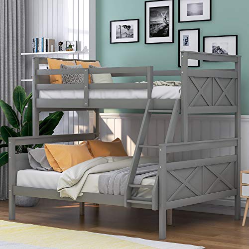 MOEO Twin Over Full Bunk Bed with Ladder, Convertible to 2 Separated Wood Bedframe for Kids, Teens, Adults, Bedroom, No Box Spring Needed, Gray