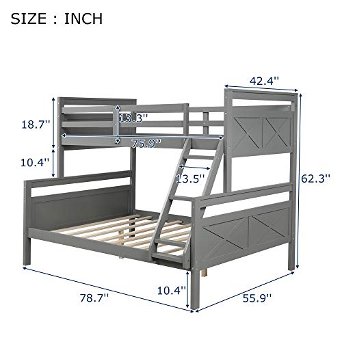 MOEO Twin Over Full Bunk Bed with Ladder, Convertible to 2 Separated Wood Bedframe for Kids, Teens, Adults, Bedroom, No Box Spring Needed, Gray