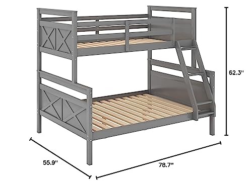 MOEO Twin Over Full Bunk Bed with Ladder, Convertible to 2 Separated Wood Bedframe for Kids, Teens, Adults, Bedroom, No Box Spring Needed, Gray