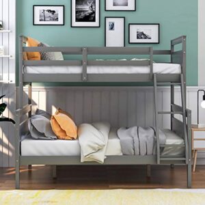 MOEO Twin Over Full Bunk Bed with Ladder, Convertible to 2 Separated Wood Bedframe for Kids, Teens, Adults, Bedroom, No Box Spring Needed, Gray