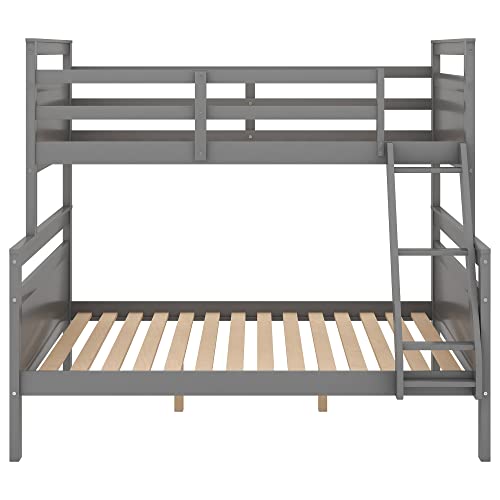 MOEO Twin Over Full Bunk Bed with Ladder, Convertible to 2 Separated Wood Bedframe for Kids, Teens, Adults, Bedroom, No Box Spring Needed, Gray