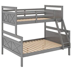 MOEO Twin Over Full Bunk Bed with Ladder, Convertible to 2 Separated Wood Bedframe for Kids, Teens, Adults, Bedroom, No Box Spring Needed, Gray