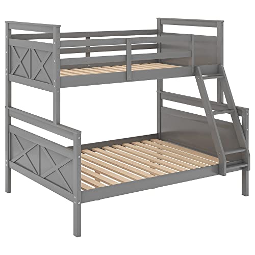 MOEO Twin Over Full Bunk Bed with Ladder, Convertible to 2 Separated Wood Bedframe for Kids, Teens, Adults, Bedroom, No Box Spring Needed, Gray