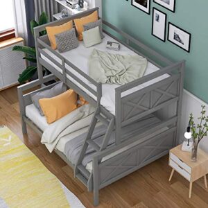 MOEO Twin Over Full Bunk Bed with Ladder, Convertible to 2 Separated Wood Bedframe for Kids, Teens, Adults, Bedroom, No Box Spring Needed, Gray