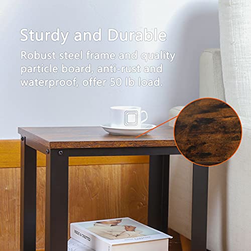 GIOTORENT 2-Tier End Table, Industrial Side Table Nightstand with Durable Metal Frame, Coffee Table with Mesh Shelves for Living Room, Coffee Bar, Rustic Brown and Black，2 Pack