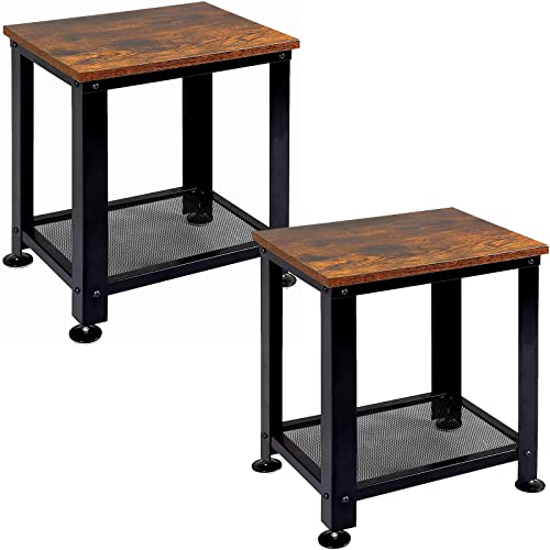 GIOTORENT 2-Tier End Table, Industrial Side Table Nightstand with Durable Metal Frame, Coffee Table with Mesh Shelves for Living Room, Coffee Bar, Rustic Brown and Black，2 Pack