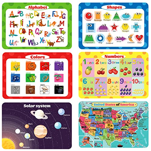 6 Pcs Kids Toddler Educational Reusable Washable Placemats for Dining Table Plastic Preschool Baby Learning Mats USA Map Solar System Alphabet Number Shape Color Mat Home School Kindergarten Supply