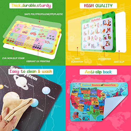 6 Pcs Kids Toddler Educational Reusable Washable Placemats for Dining Table Plastic Preschool Baby Learning Mats USA Map Solar System Alphabet Number Shape Color Mat Home School Kindergarten Supply