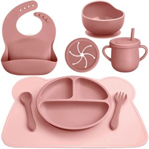 newtay 8 pack baby feeding eating supplies silicone suction divided plate bibs bowl placemat spoon and fork cup with straw tableware set for toddler (dark pink), 1.0 count