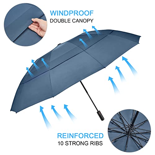 G4Free 62 Inch Large Golf Umbrella Compact Reverse Travel Umbrella 10 Ribs Windproof for Rain Double Canopy Automatic Open Close (Blue)