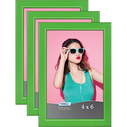 Icona Bay 4x6 Picture Frames (Green, 3 Pack), Colored Solid Wood Scandinavian Style Frames for Photo, Pizzazz Collection