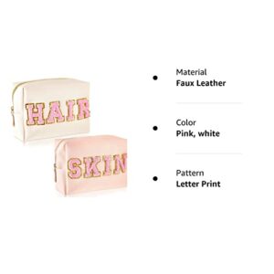 2 Pcs Preppy Patch Makeup Bag Chenille Letter Cosmetic Bag PU Leather Waterproof Toiletry Bag Portable Skin Makeup Pouch Preppy Organizer Accessory for Women Girls (White, Pink, Hair, Skin)