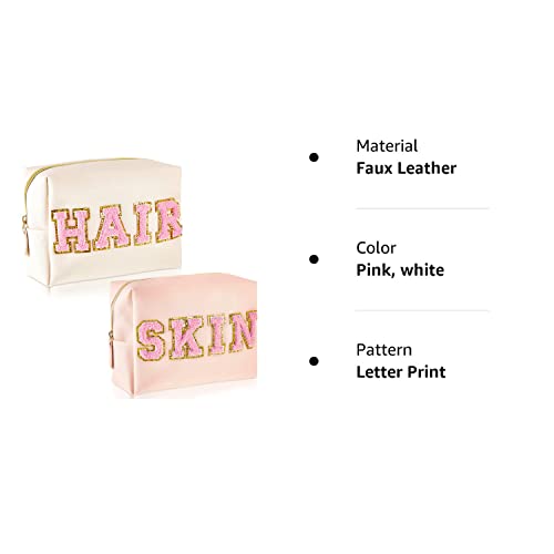 2 Pcs Preppy Patch Makeup Bag Chenille Letter Cosmetic Bag PU Leather Waterproof Toiletry Bag Portable Skin Makeup Pouch Preppy Organizer Accessory for Women Girls (White, Pink, Hair, Skin)