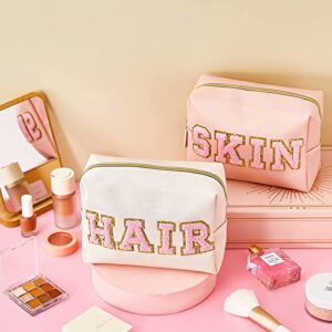 2 Pcs Preppy Patch Makeup Bag Chenille Letter Cosmetic Bag PU Leather Waterproof Toiletry Bag Portable Skin Makeup Pouch Preppy Organizer Accessory for Women Girls (White, Pink, Hair, Skin)