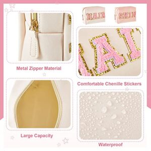 2 Pcs Preppy Patch Makeup Bag Chenille Letter Cosmetic Bag PU Leather Waterproof Toiletry Bag Portable Skin Makeup Pouch Preppy Organizer Accessory for Women Girls (White, Pink, Hair, Skin)