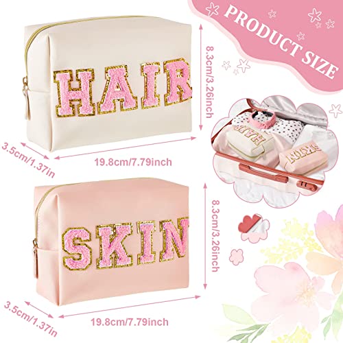 2 Pcs Preppy Patch Makeup Bag Chenille Letter Cosmetic Bag PU Leather Waterproof Toiletry Bag Portable Skin Makeup Pouch Preppy Organizer Accessory for Women Girls (White, Pink, Hair, Skin)