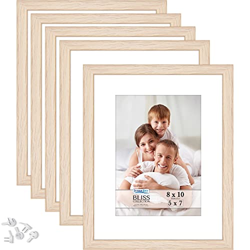 Icona Bay 8x10 Picture Frames with Removable Mat for 5x7 Photos (Light Oak, 5 Pack), Modern Style Wood Composite Frames, Table Top or Wall Mount, Bliss Collection