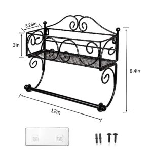 Adhesive Paper Towel Holder with Shelf, Paper Towel Holder Wall Mount, 12in Black Paper Towel Holder for Kitchen, Hand Towel Holder for Bathroom with Shelf