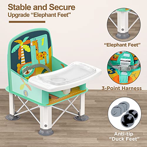 Baby Travel Booster Seat with Double Tray, BabyBond Upgraded Toddler Portable Baby Chair, Booster Seat for Dining Table, Stable and Foldable Booster Baby Chair for Indoor/Outdoor use (Cyan)