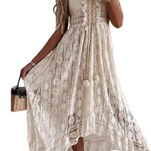 CUPSHE Womens Sleeveless V-Neck Tassel Ruching Dress Lace Up Smocking Ruffle Maxi Dress, X-Large, Beige