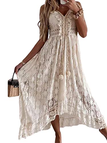 CUPSHE Womens Sleeveless V-Neck Tassel Ruching Dress Lace Up Smocking Ruffle Maxi Dress, X-Large, Beige