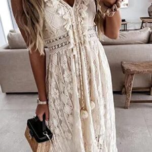 CUPSHE Womens Sleeveless V-Neck Tassel Ruching Dress Lace Up Smocking Ruffle Maxi Dress, X-Large, Beige