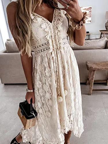 CUPSHE Womens Sleeveless V-Neck Tassel Ruching Dress Lace Up Smocking Ruffle Maxi Dress, X-Large, Beige