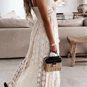 CUPSHE Womens Sleeveless V-Neck Tassel Ruching Dress Lace Up Smocking Ruffle Maxi Dress, X-Large, Beige