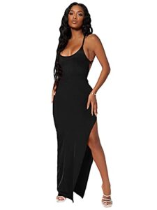 shein women's side split thigh backless bodycon maxi dress sleeveless tie back criss cross slit pencil long dresses x-small black