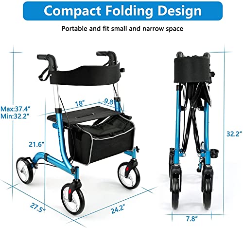 Winlove Rollator Walkers for Seniors-Folding Rollator Walker with Seat and Four 8-inch Wheels-Medical Rollator Walker with Comfort Handles and Thick Backrest-Lightweight Aluminium Frame,Blue